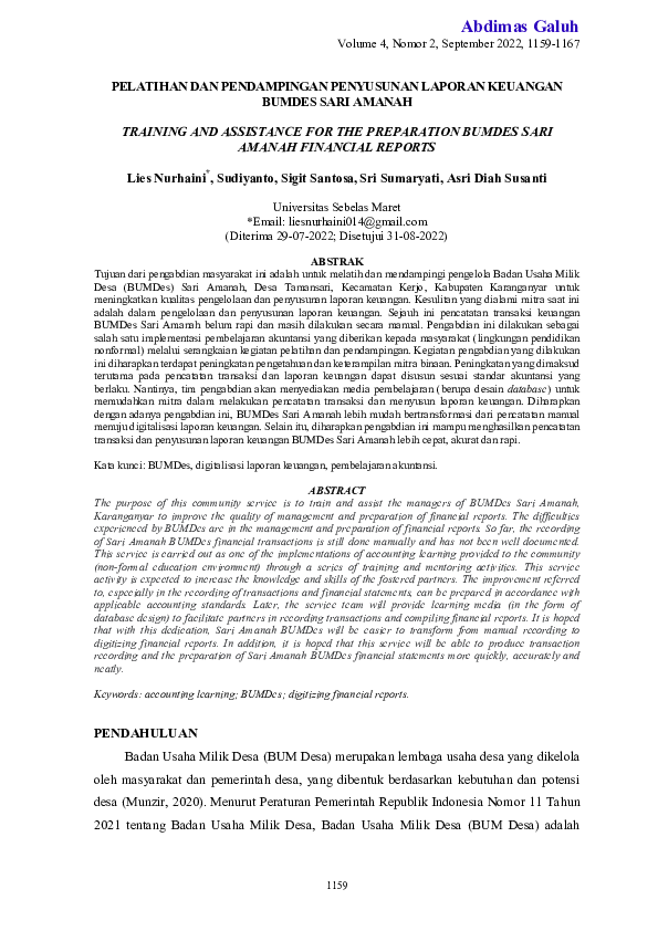 (PDF) Pelatihan Dan Pendampingan Penyusunan Laporan Keuangan Bumdes Sari Amanah