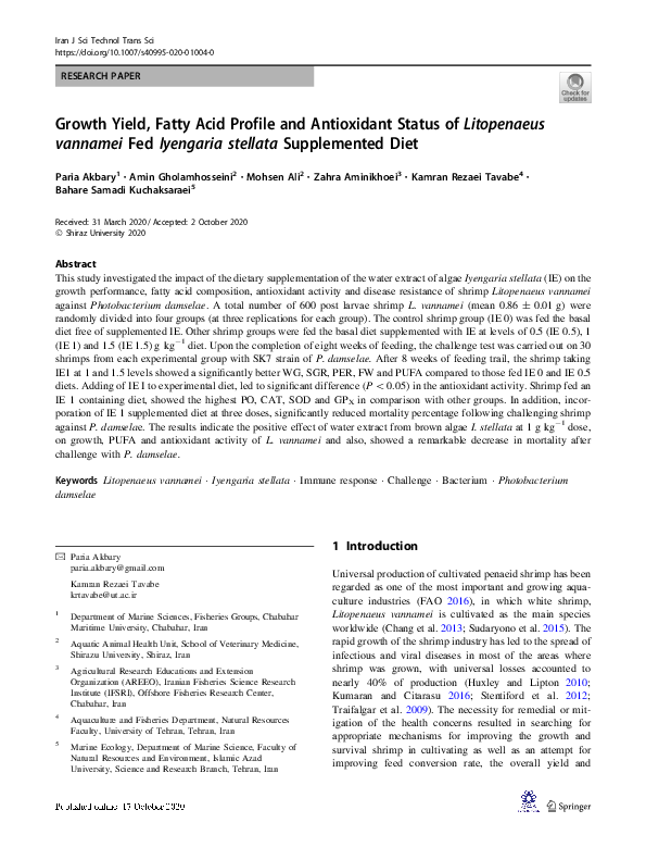 (PDF) Growth Yield, Fatty Acid Profile and Antioxidant Status of Litopenaeus vannamei Fed ...