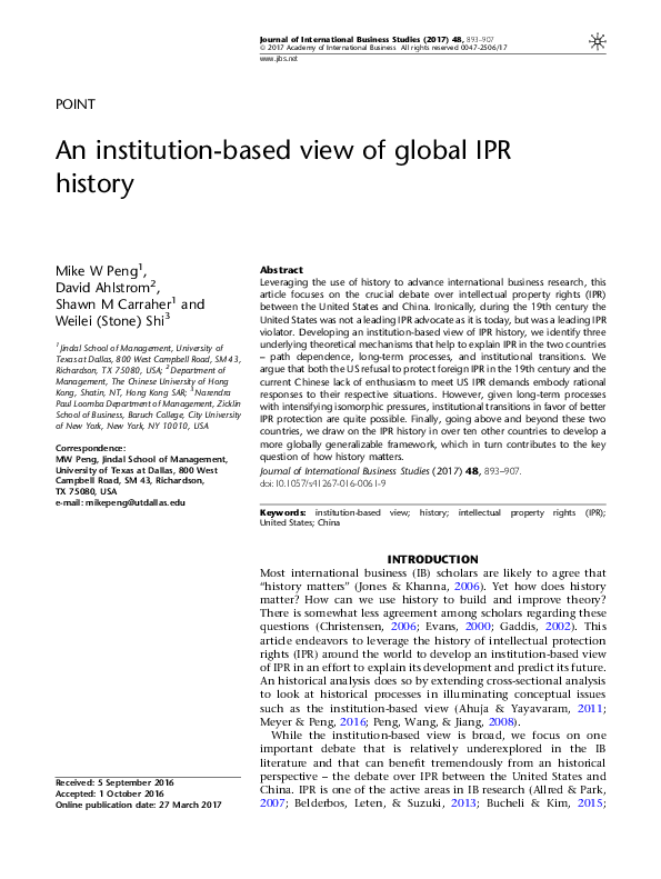 (PDF) An institution-based view of global IPR history