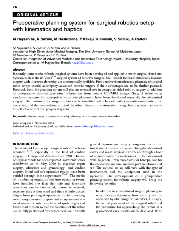 (PDF) Preoperative planning system for surgical robotics setup with kinematics and haptics