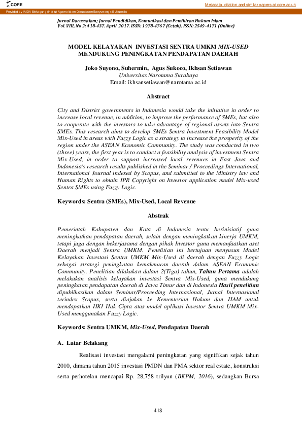 (PDF) Model Kelayakan Investasi Sentra Umkm Mix-Used Mendukung ...