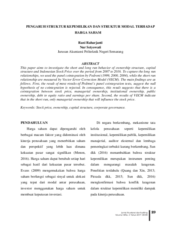 (PDF) Pengaruh Struktur Kepemilikan Dan Struktur Modal Terhadap Harga Saham