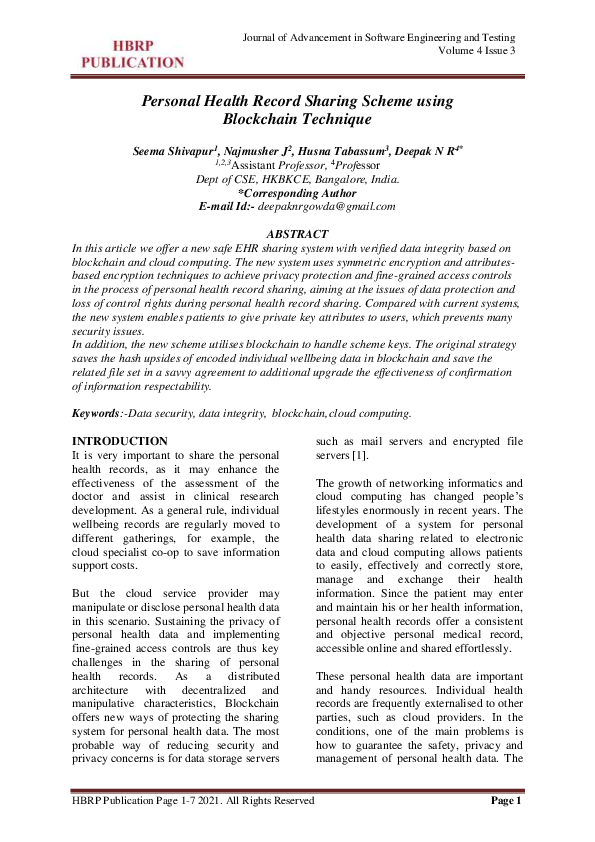 (PDF) Personal Health Record Sharing Scheme using Blockchain Technique