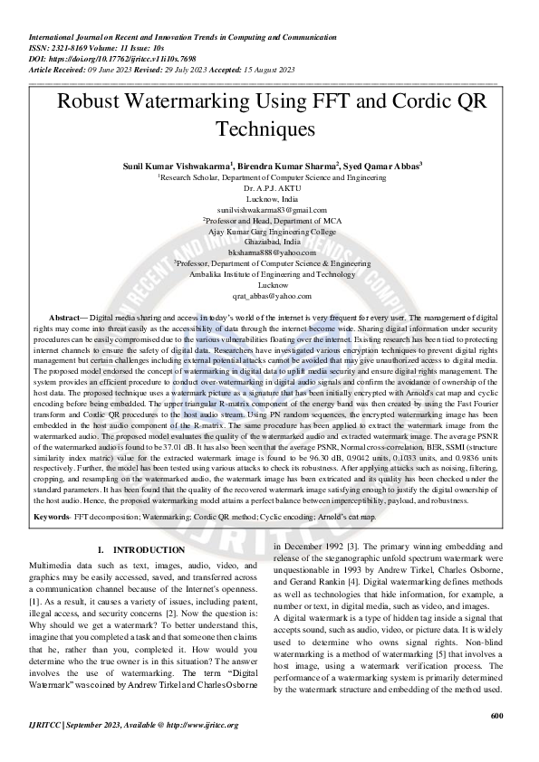 (PDF) Robust Watermarking Using FFT and Cordic QR Techniques