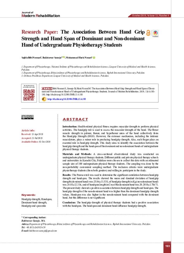 (PDF) The Association Between Hand Grip Strength and Hand Span of ...