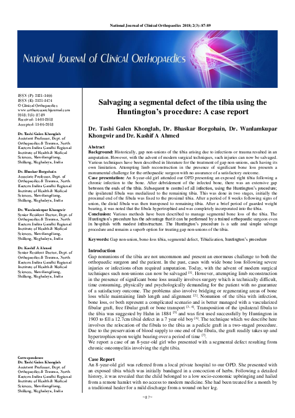 (PDF) Salvaging a segmental defect of the tibia using the Huntington’s ...