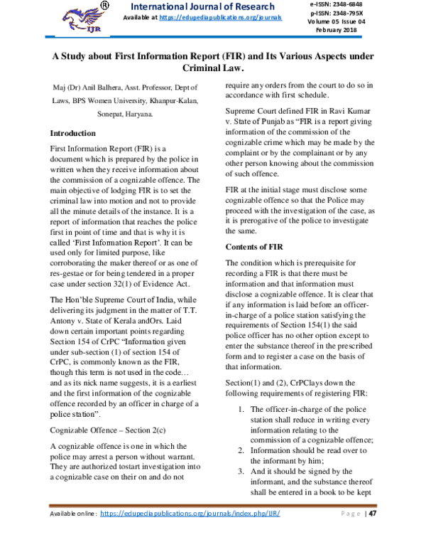 (PDF) A Study about First Information Report (FIR) and Its Various ...