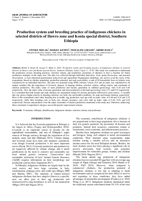 (PDF) Production system and breeding practice of indigenous chickens in selected districts of ...
