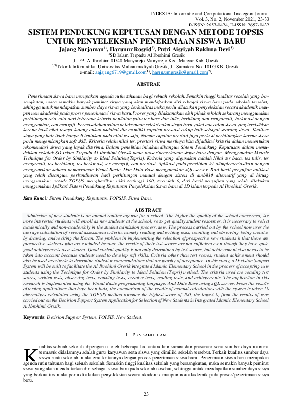 (PDF) Sistem Pendukung Keputusan Dengan Metode Topsis Untuk Penyeleksian Penerimaan Siswa Baru