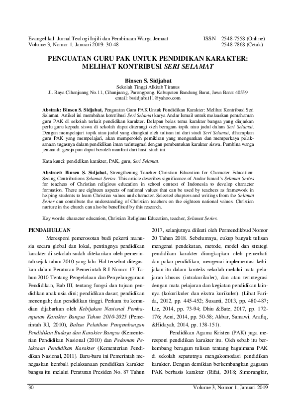 (PDF) Penguatan Guru PAK Untuk Pendidikan Karakter: Melihat Kontribusi ...