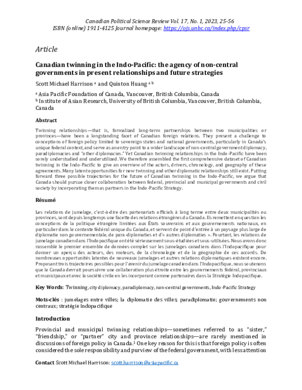 (PDF) Canadian twinning in the Indo-Pacific: the agency of subnational ...