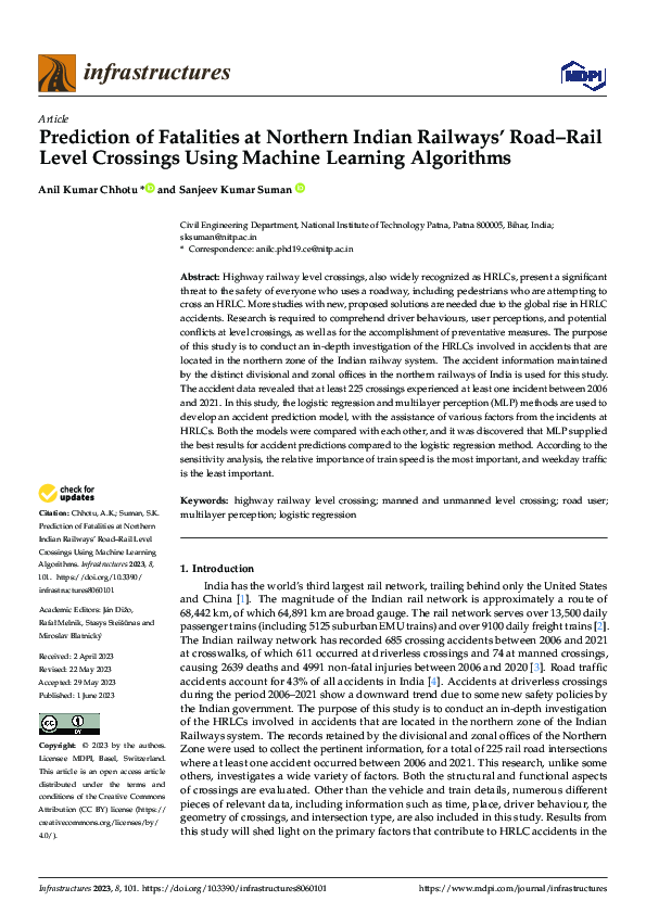 Pdf Prediction Of Fatalities At Northern Indian Railways Road Rail Level Crossings Using