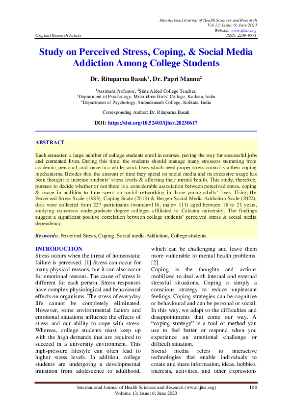 (PDF) Stress, Coping, & Social Media in College Students