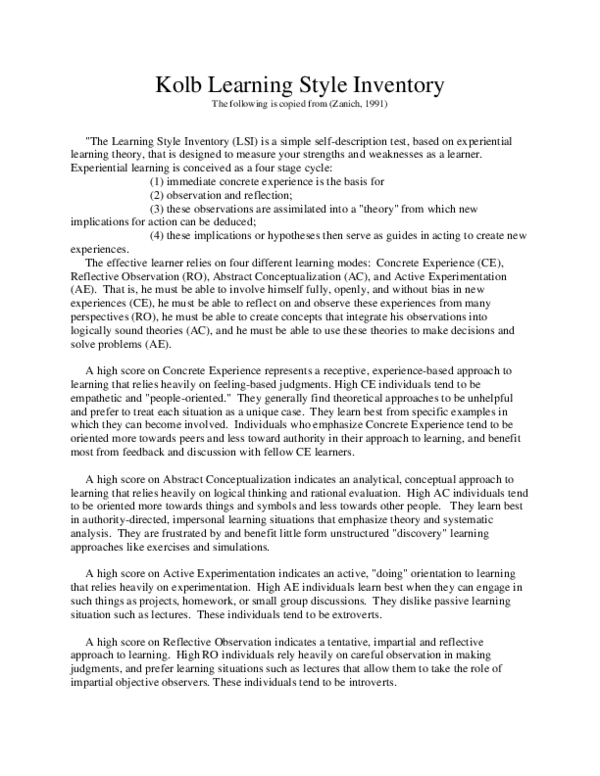 (PDF) Kolb learning style inventory