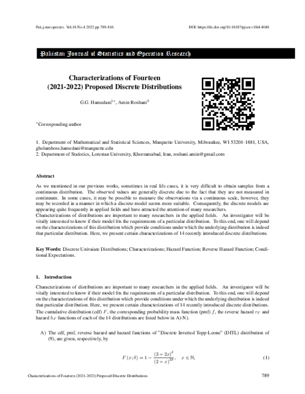 (PDF) Characterizations of Fourteen (2021-2022) Proposed Discrete Distributions