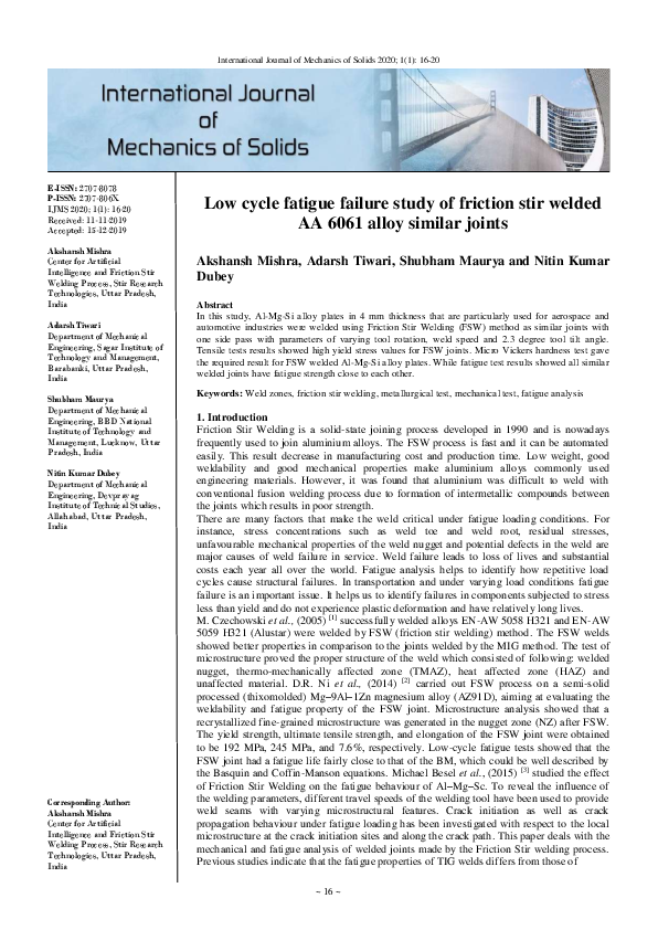 (PDF) Low cycle fatigue failure study of friction stir welded AA 6061 alloy similar joints