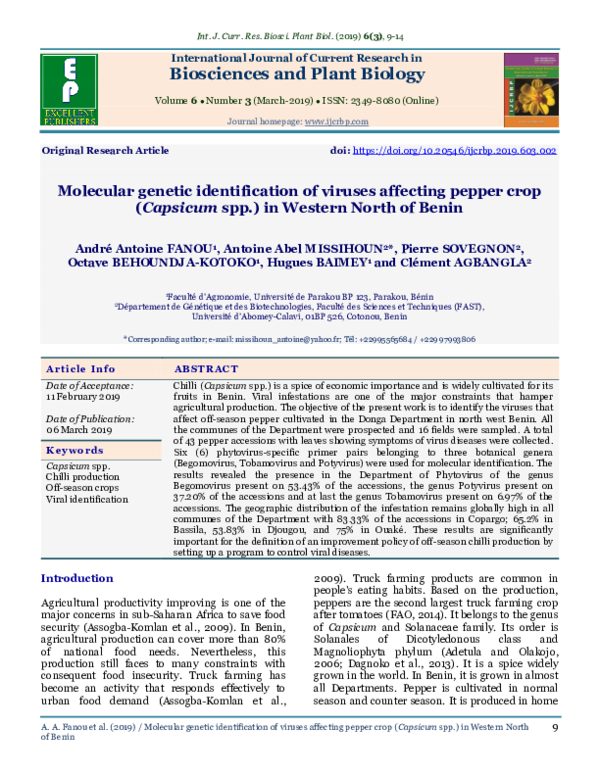 (PDF) Molecular genetic identification of viruses affecting pepper crop (Capsicum spp.) in ...