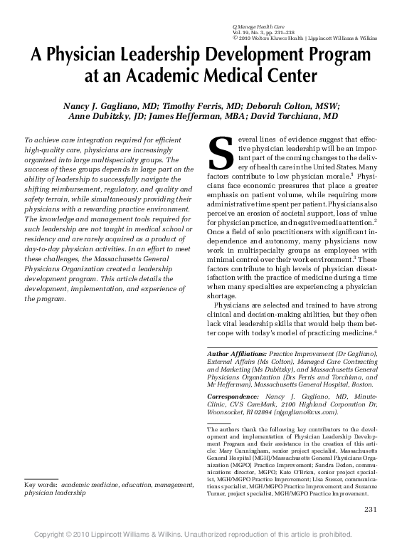(PDF) A Physician Leadership Development Program at an Academic Medical ...