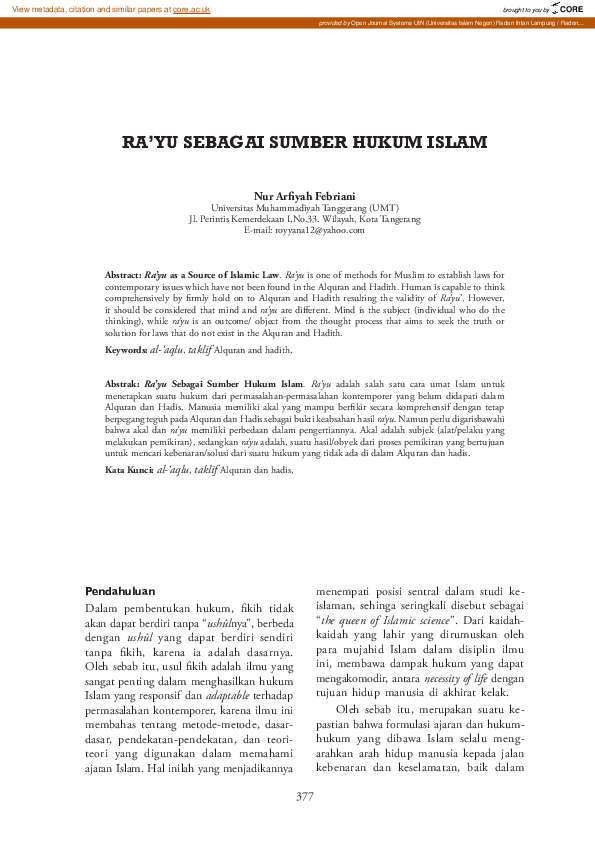 (PDF) Ra’yu Sebagai Sumber Hukum Islam