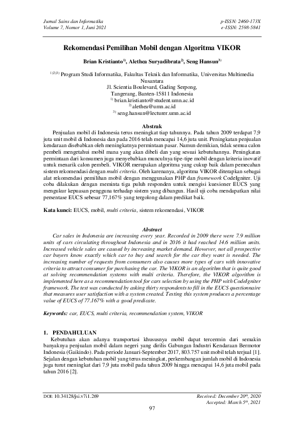 (PDF) Rekomendasi Pemilihan Mobil dengan Algoritma VIKOR