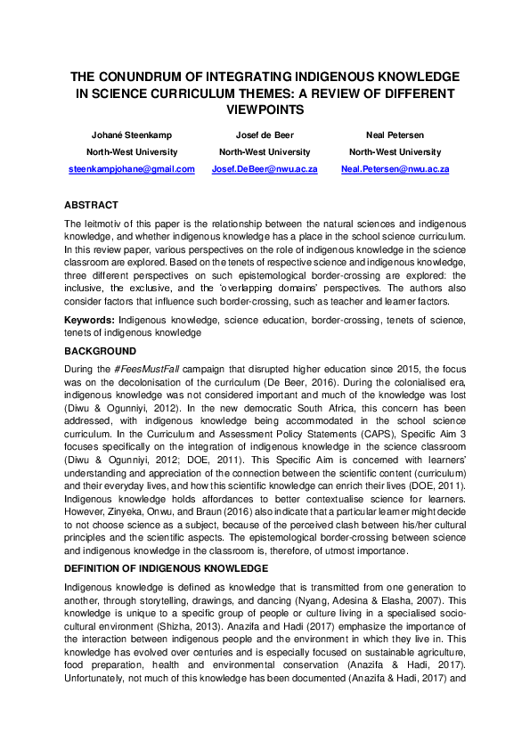 (PDF) The conundrum of integrating indigenous knowledge in science curriculum themes: a review ...