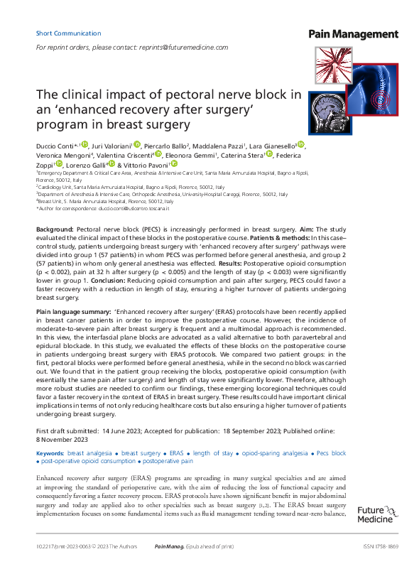 (PDF) The clinical impact of pectoral nerve block in an ‘enhanced ...