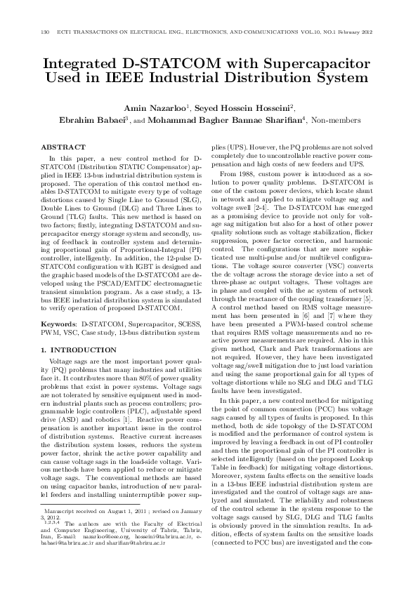 (PDF) Integrated D-STATCOM with Supercapacitor Used in IEEE Industrial Distribution System