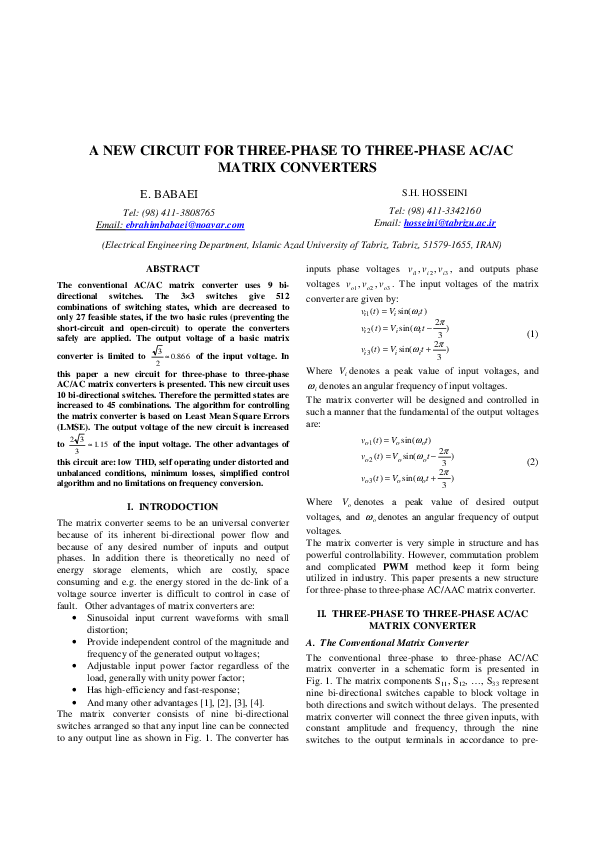 (PDF) A new circuit for three-phase to three-phase ac/ac matrix converters