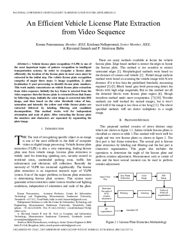 (PDF) An Efficient Vehicle License Plate Extraction from Video Sequence