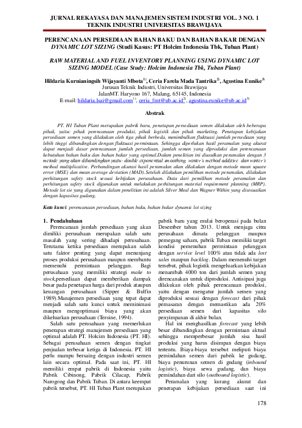 (PDF) PERENCANAAN PERSEDIAAN BAHAN BAKU DAN BAHAN BAKAR SEMEN DENGAN PENDEKATAN CONTINUOUS ...
