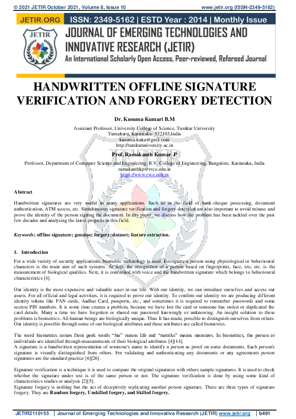 Pdf Handwritten Offline Signature Verification And Forgery Detection
