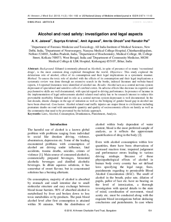 (PDF) Alcohol and road safety: investigation and legal aspects