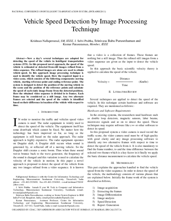 Pdf Vehicle Speed Detection By Image Processing Technique