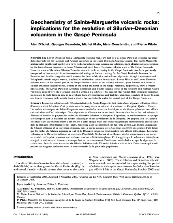 (PDF) Geochemistry of Sainte-Marguerite volcanic rocks: implications ...