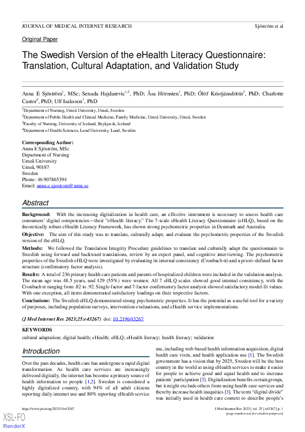 (PDF) The Swedish Version of the eHealth Literacy Questionnaire ...