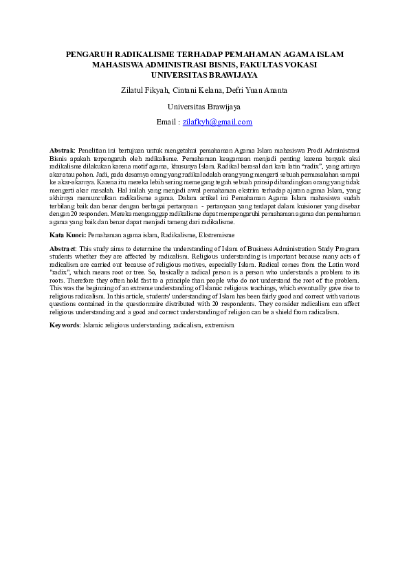 (PDF) PENGARUH RADIKALISME TERHADAP PEMAHAMAN AGAMA ISLAM MAHASISWA ADMINISTRASI BISNIS ...