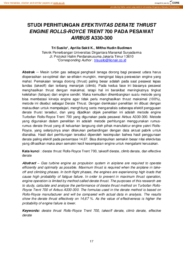 (PDF) Studi Perhitungan Efektivitas Derate Thrust Engine Rolls-Royce ... (PDF) Studi Perhitungan Efektivitas Derate Thrust Engine Rolls-Royce ...