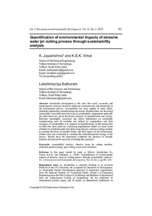 (PDF) Quantification of environmental impacts of abrasive water jet ... (PDF) Quantification of environmental impacts of abrasive water jet ...