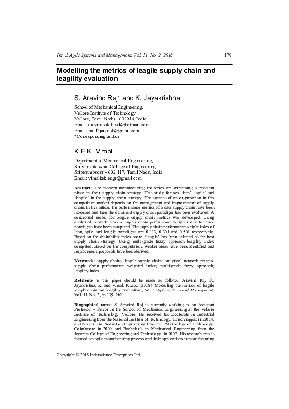 Pdf Modelling The Metrics Of Leagile Supply Chain And Leagility Evaluation