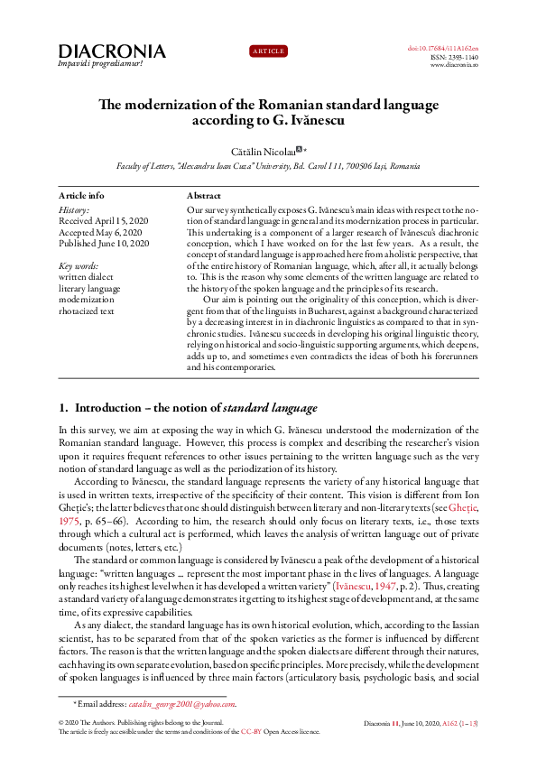 (PDF) The modernization of the Romanian standard language according to ...