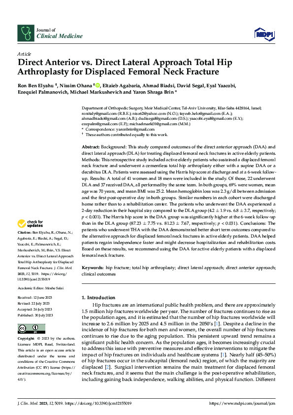 (PDF) Direct Anterior vs. Direct Lateral Approach Total Hip ...