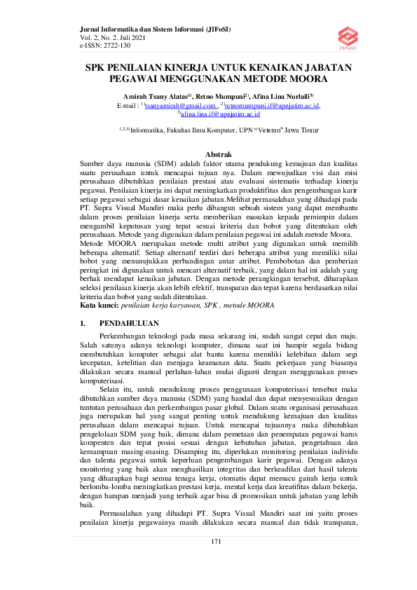 (PDF) SPK Penilaian Kinerja Untuk Kenaikan Jabatan Pegawai Menggunakan Metode Moora