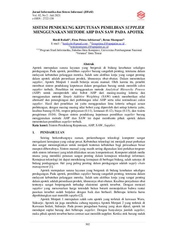 (PDF) Sistem Pendukung Keputusan Pemilihan Supplier Menggunakan Metode AHP Dan SAW Pada Apotek ...