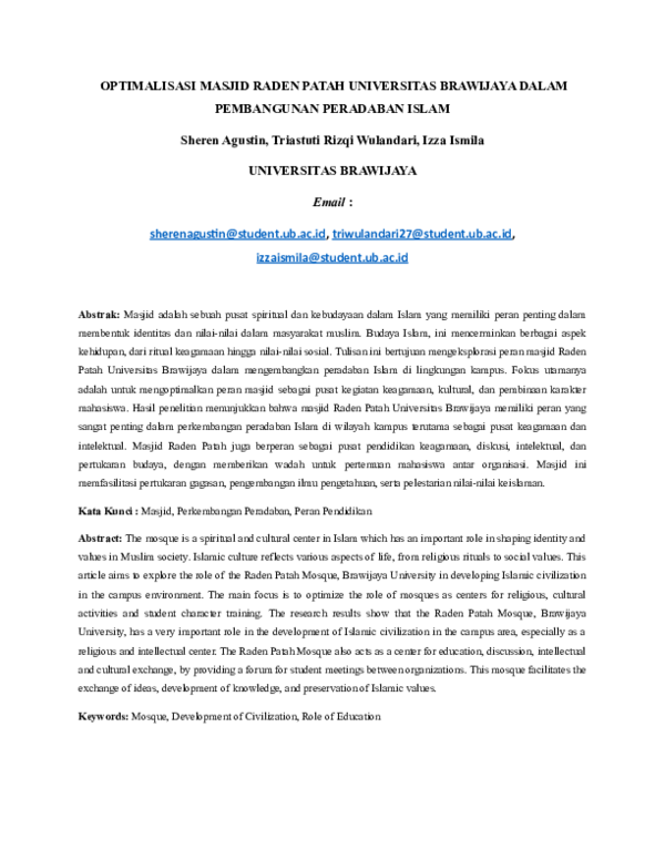 (DOC) OPTIMALISASI MASJID RADEN PATAH UNIVERSITAS BRAWIJAYA DALAM ...