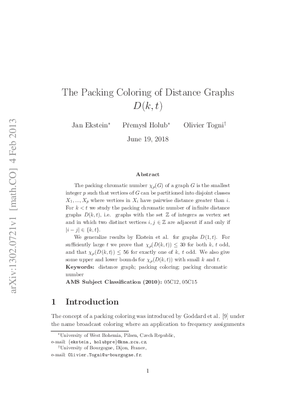(PDF) The Packing Coloring of Distance Graphs $D(k,t)$