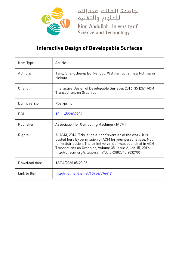 (PDF) Interactive Design of Developable Surfaces