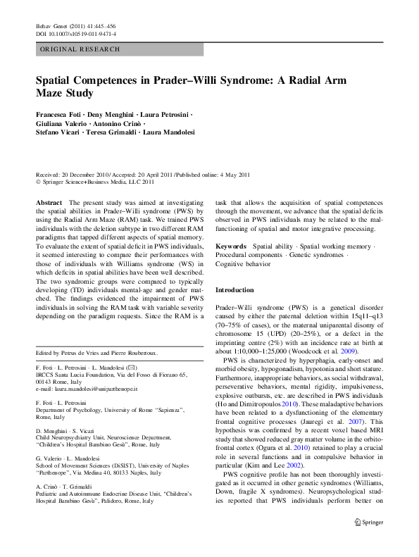 (PDF) Spatial Competences in Prader–Willi Syndrome: A Radial Arm Maze Study | Laura Mandolesi ...