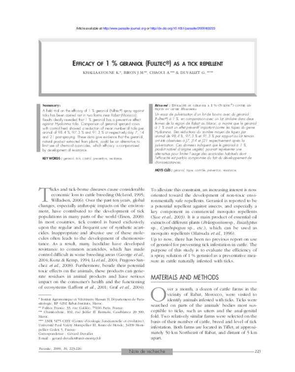 (PDF) Efficacy of 1% geraniol (Fulltec®) as a tick repellent