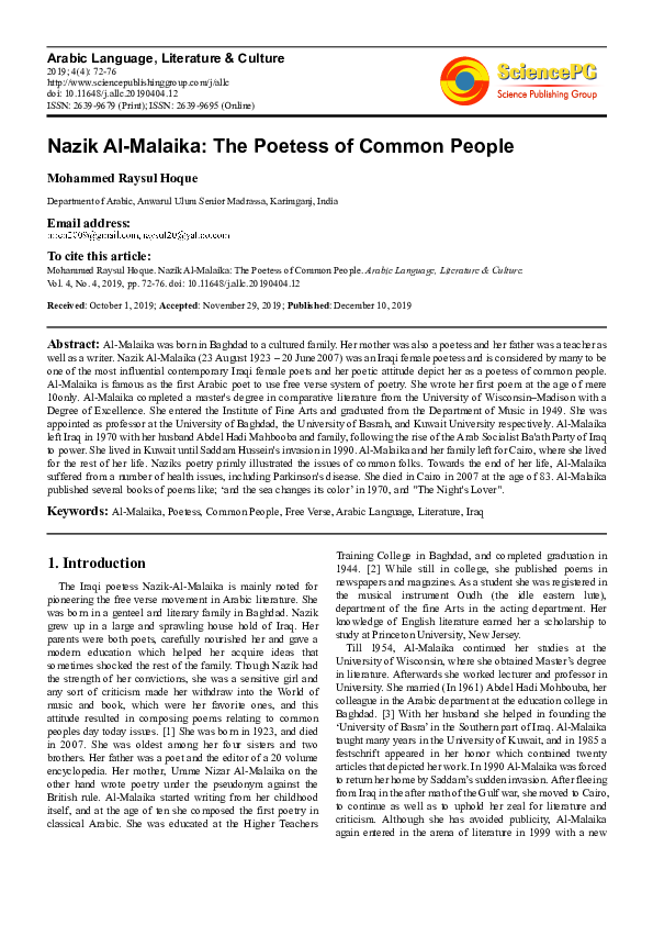 (PDF) Nazik Al-Malaika: The Poetess of Common People