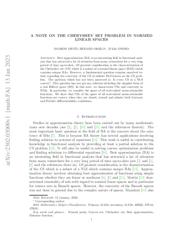 (PDF) A Note on the Chebyshev Set Problem in Normed Linear Spaces